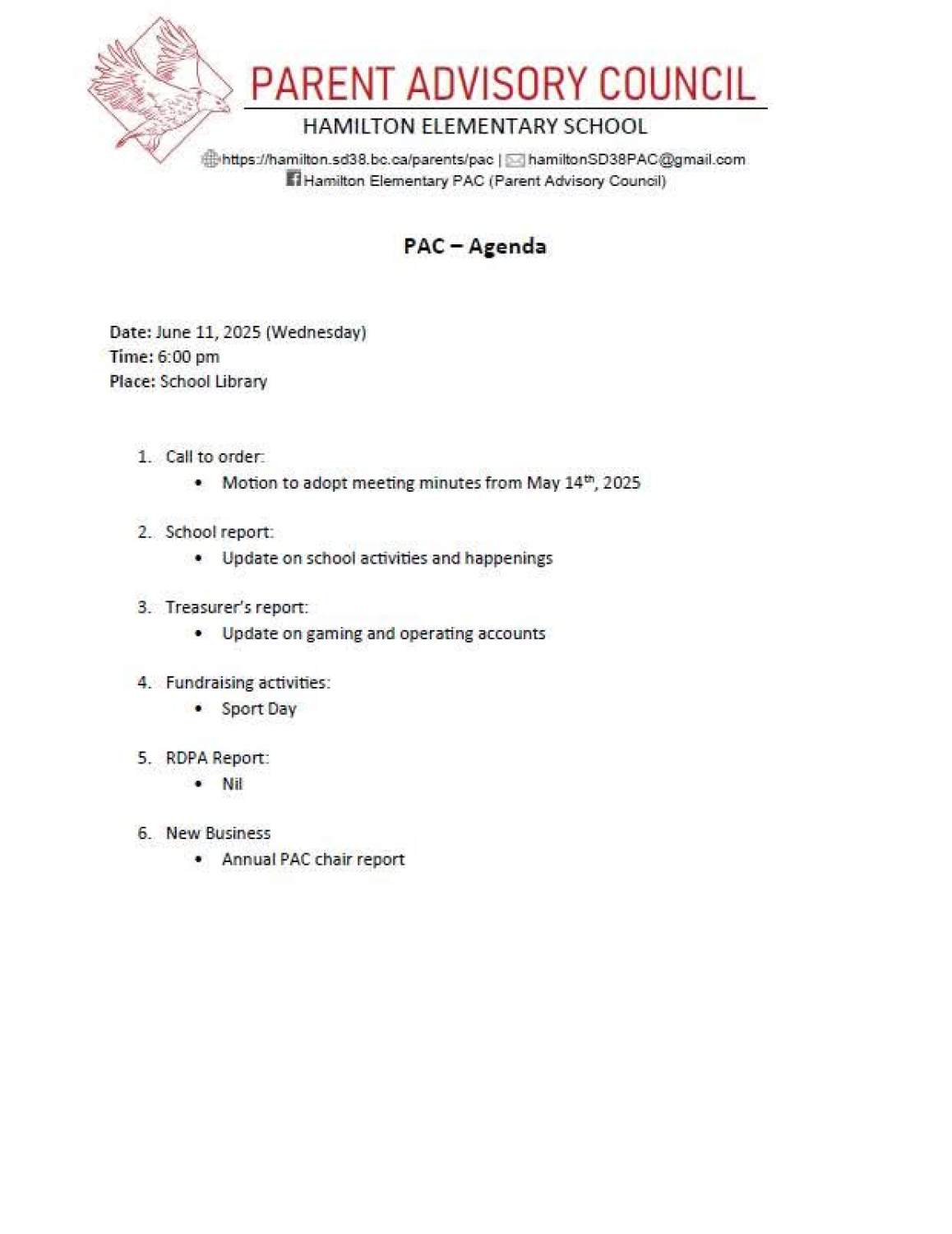 PAC Meeting - Wed June 11, 2025 | Hamilton Elementary School